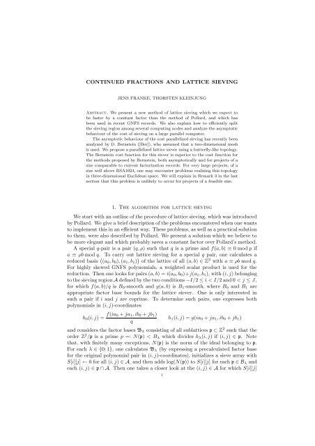 Continued Fractions And Lattice Sieving Ruhr UniversitÃ¤t Bochum