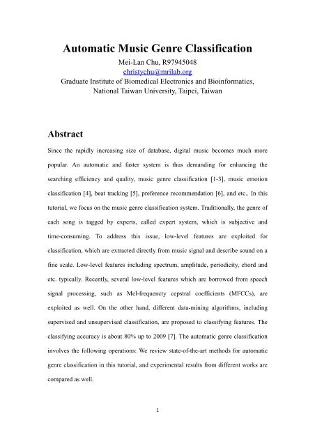 Automatic Music Genre Classification