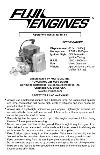 SPECIFICATIONS Displacement: 63.1cc [3.85ci] Horsepower: 5.7HP ...