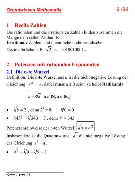 9 G8 1 Reelle Zahlen 2 Potenzen mit rationalen Exponenten