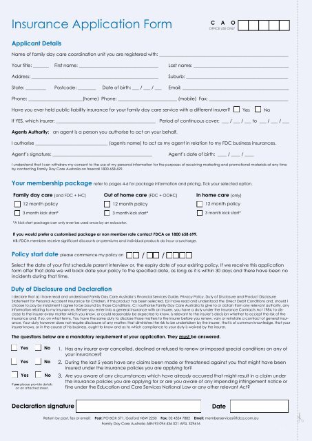 Insurance Application Form - Family Day Care Australia