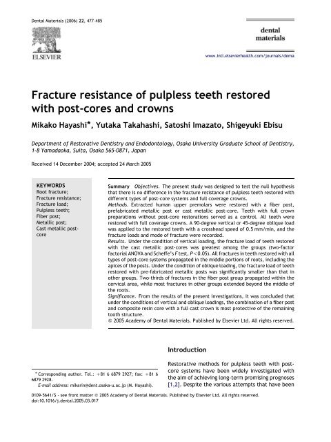 Fracture resistance of pulpless teeth restored with post-cores and ...