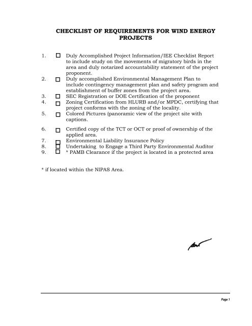 checklist of requirements for wind energy projects - Environmental ...