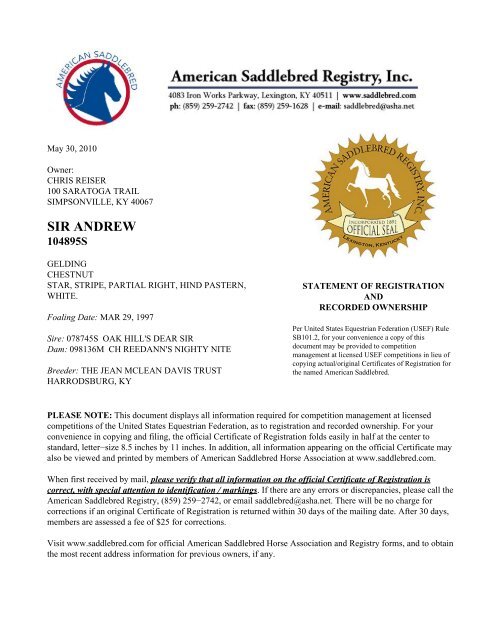 SIR ANDREW - Reiser Stables