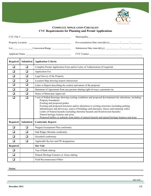 Complete Application Checklist - Final - Credit Valley Conservation