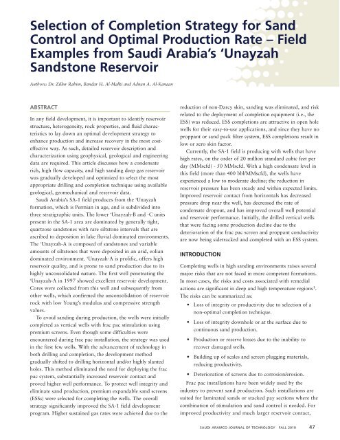 Selection of Completion Strategy for Sand Control ... - Saudi Aramco