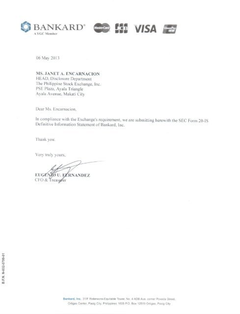 Definitive Information Statement SEC Form 20 - RCBC Bankard