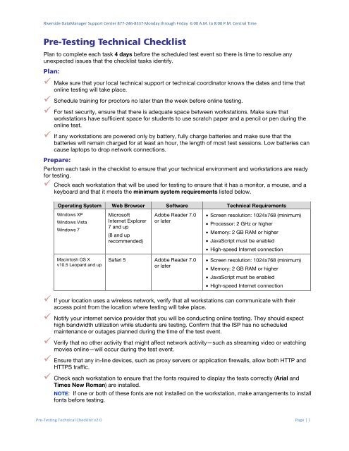 Pre-Testing Technical Checklist - Riverside Publishing