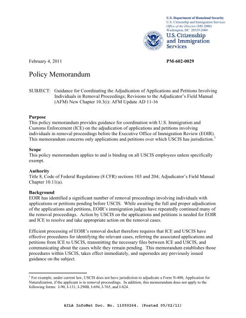 USCIS memo the Adjudication of Applications and Petitions ... - asista