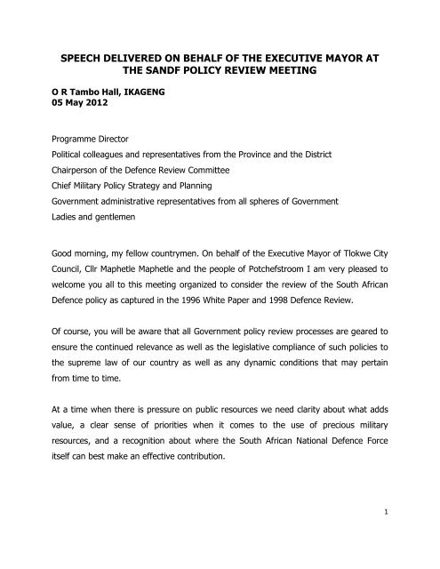 speech delivered on behalf of the executive mayor at the sandf ...