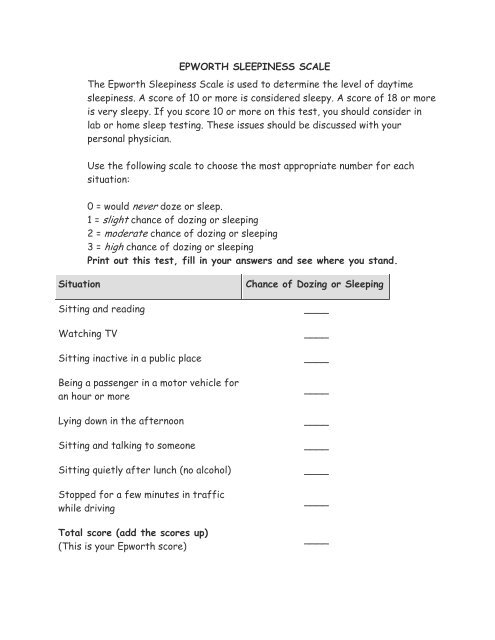 EPWORTH SLEEPINESS SCALE The Epworth ... - Doctors Hospital