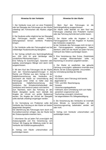 Kaufvertrag über ein gebrauchtes Kraftfahrzeug Kaufvertrag über ein gebrauchtes Kraftfahrzeug