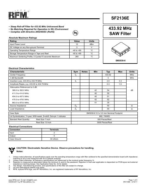 433.92 MHz SAW Filter SF2136E - RF Monolithics, Inc.