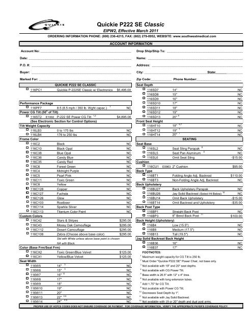 P222 SE Order Form - Quickie-Wheelchairs.com