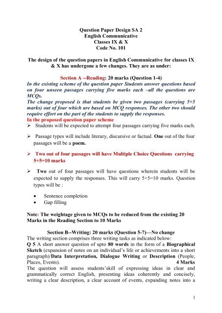 Question Paper Design SA 2 English Communicative Classes IX & X ...