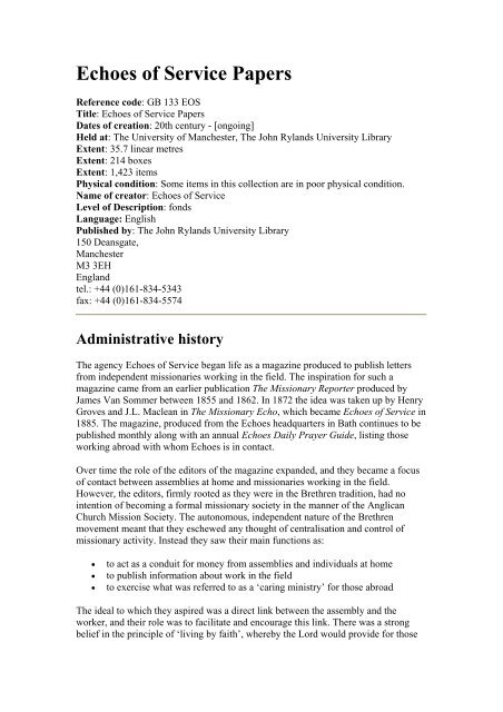 Echoes of Service Papers - The University of Manchester Library