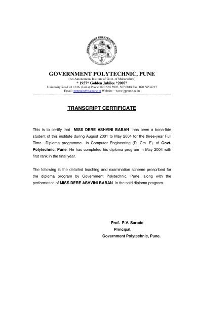 transcript certificate - Government Polytechnic, Pune
