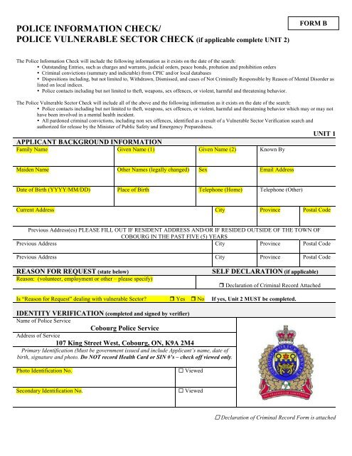 Police Information and or Vulnerable Sector Check Form(pdf)