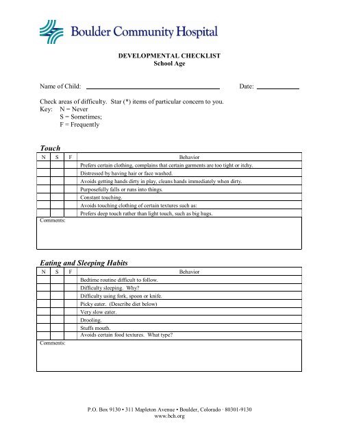 DEVELOPMENTAL CHECKLIST School Age