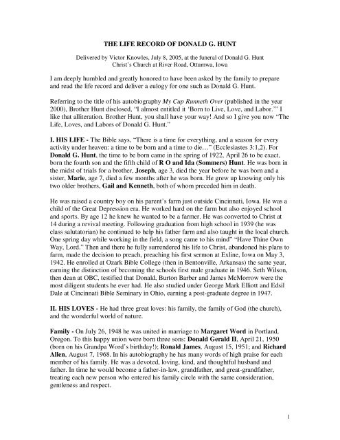 Life Record of Donald G. Hunt - A Celebration of Faith