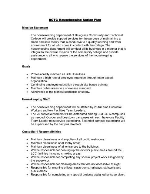 BCTC Housekeeping Action Plan Mission Statement The ...