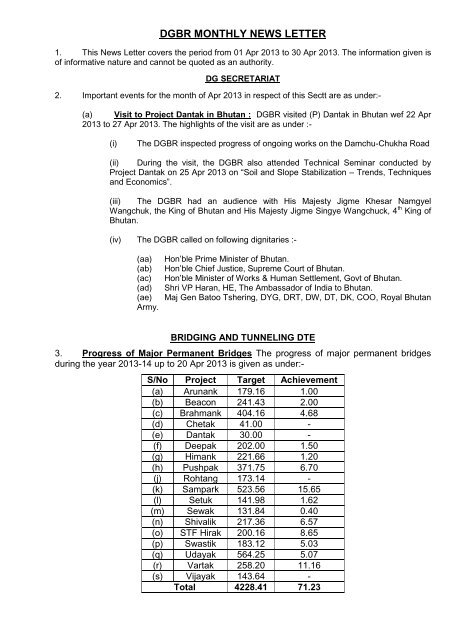 DGBR MONTHLY NEWS LETTER - Border Roads Organisation