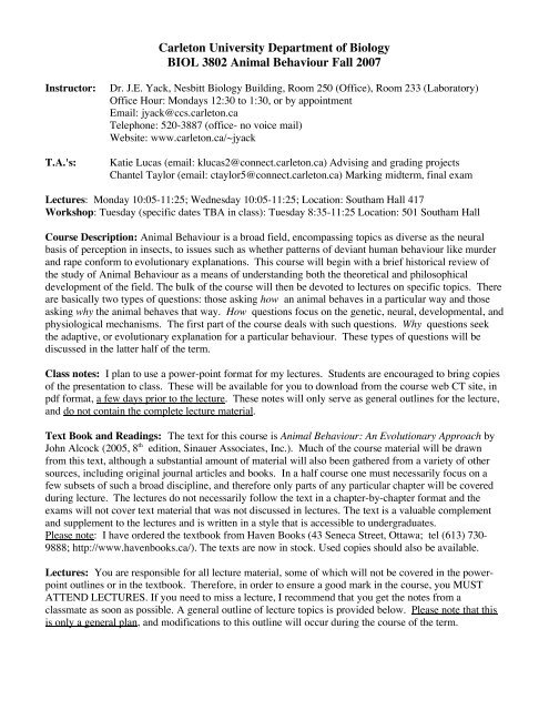 Carleton University Department of Biology BIOL 3802 Animal ...