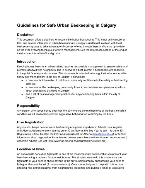 Guidelines for Safe Urban Beekeeping in Calgary