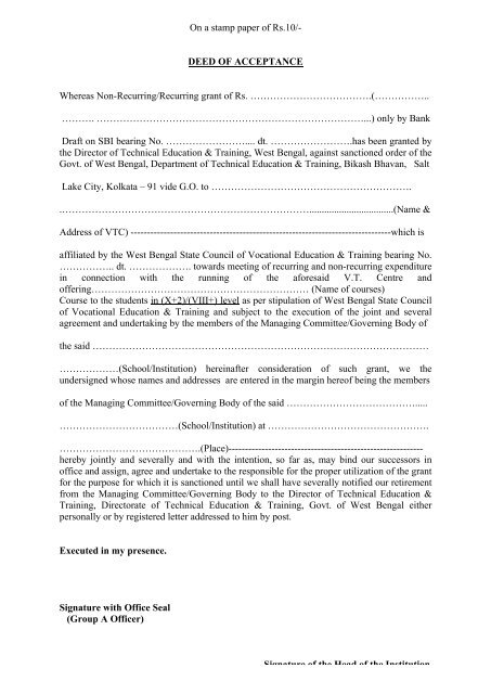 On a stamp paper of Rs.10/- DEED OF ACCEPTANCE Whereas ...