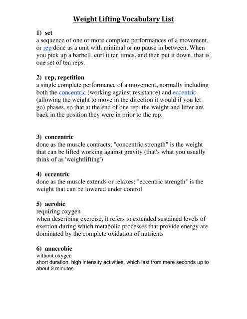 Weight Lifting Vocabulary List 1) set