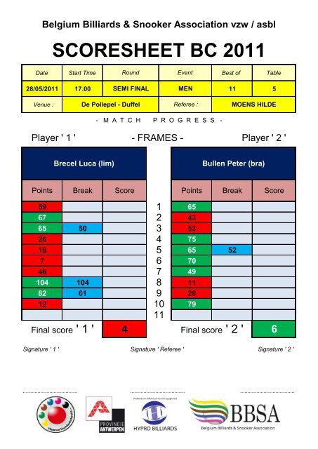 SCORESHEET BC 2011 - VSF Limburg