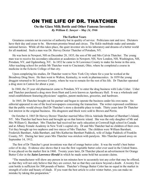 The Life of Dr. Hervey Thatcher - Mohawk Valley Antique Bottle Club