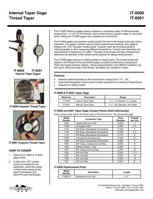 Internal Taper Gage Thread Taper IT-6000 IT-6001 - Gagemaker