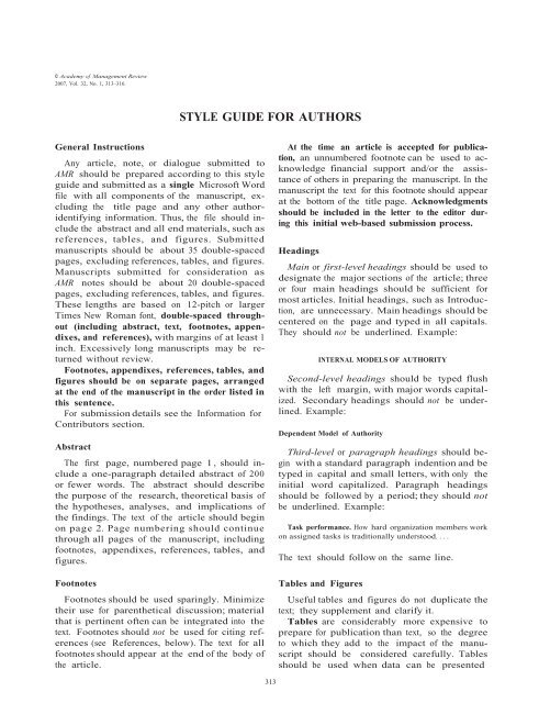 STYLE GUIDE FOR AUTHORS - Academy of Management