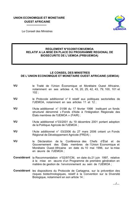 Règlement n°3/2007/CM/UEMOA relatif à la mise en place du ...