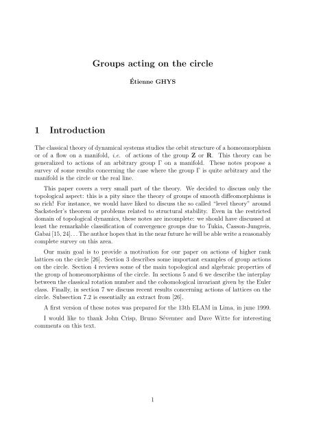 Groups acting on the circle 1 Introduction - D-MATH