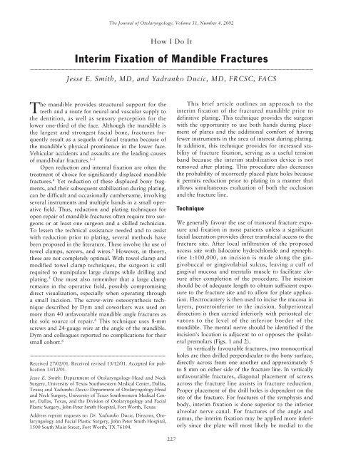 Interim Fixation of Mandible Fractures - Dr. Yadro Ducic, Fort Worth