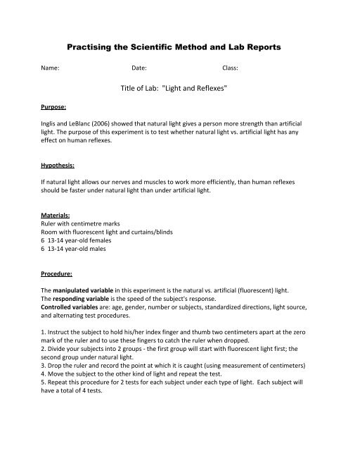 Practising the Scientific Method and Lab Reports Title of Lab: "Light ...