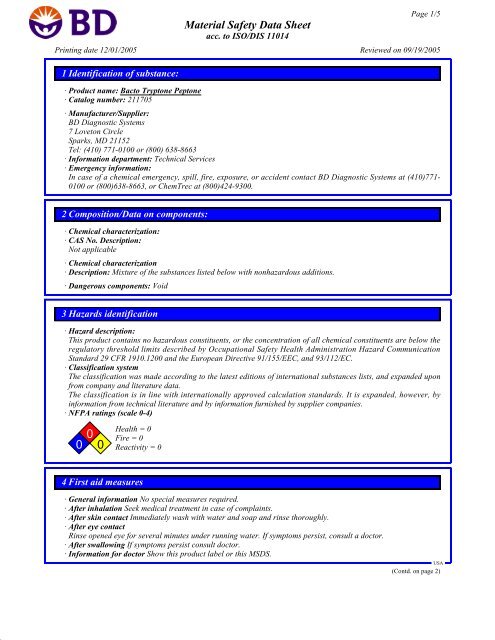 Material Safety Data Sheet - BD Product Catalog