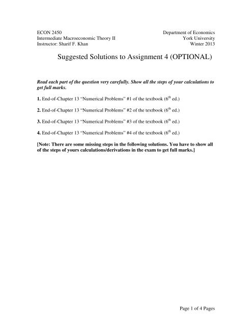 Suggested Solutions to Assignment 4 - Department of Economics