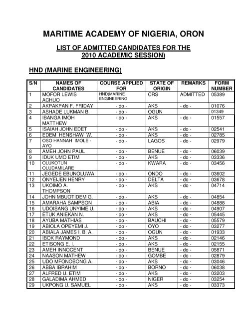 marine engineering - Maritime Academy of Nigeria, Oron