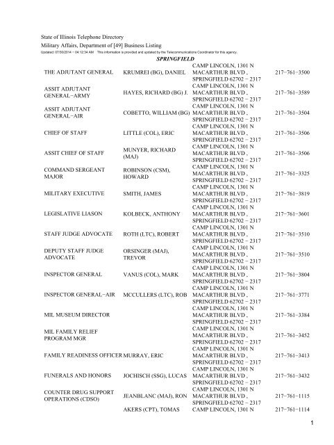 State of Illinois Telephone Directory Military Affairs, Department of ...