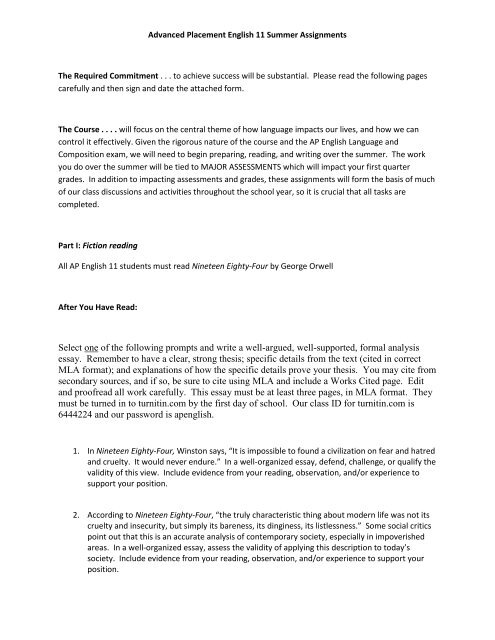 Advanced Placement English 11 Summer Assignment Packet