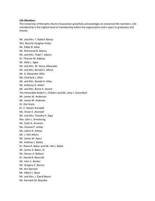 Life Members The University of Memphis Alumni Association ...