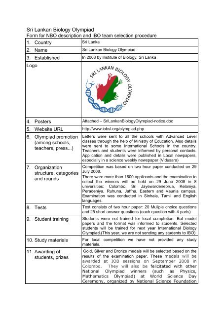 Sri Lankan Biology Olympiad - Institute of Biology, Sri Lanka
