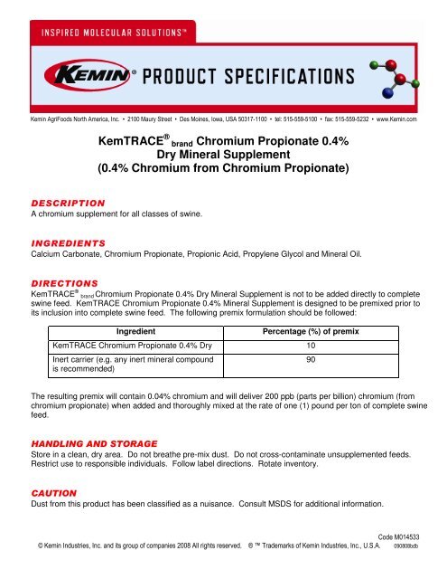 KemTRACE brand Chromium Propionate 0.4% Dry Mineral ... - TPi