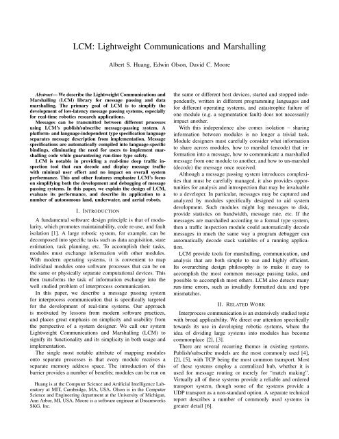 LCM: Lightweight Communications and Marshalling