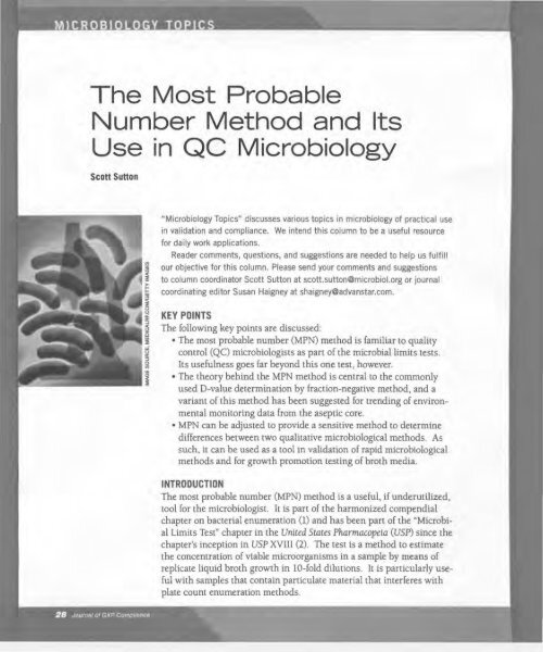 The Most Probable Number Method and Its Use in QC Microbiology
