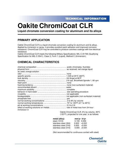 Oakite. ChromiCoat CLR - Industrial Cleaning Supply