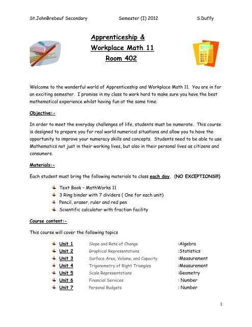 Apprenticeship & Workplace Math 11 Room 402 - St John Brebeuf